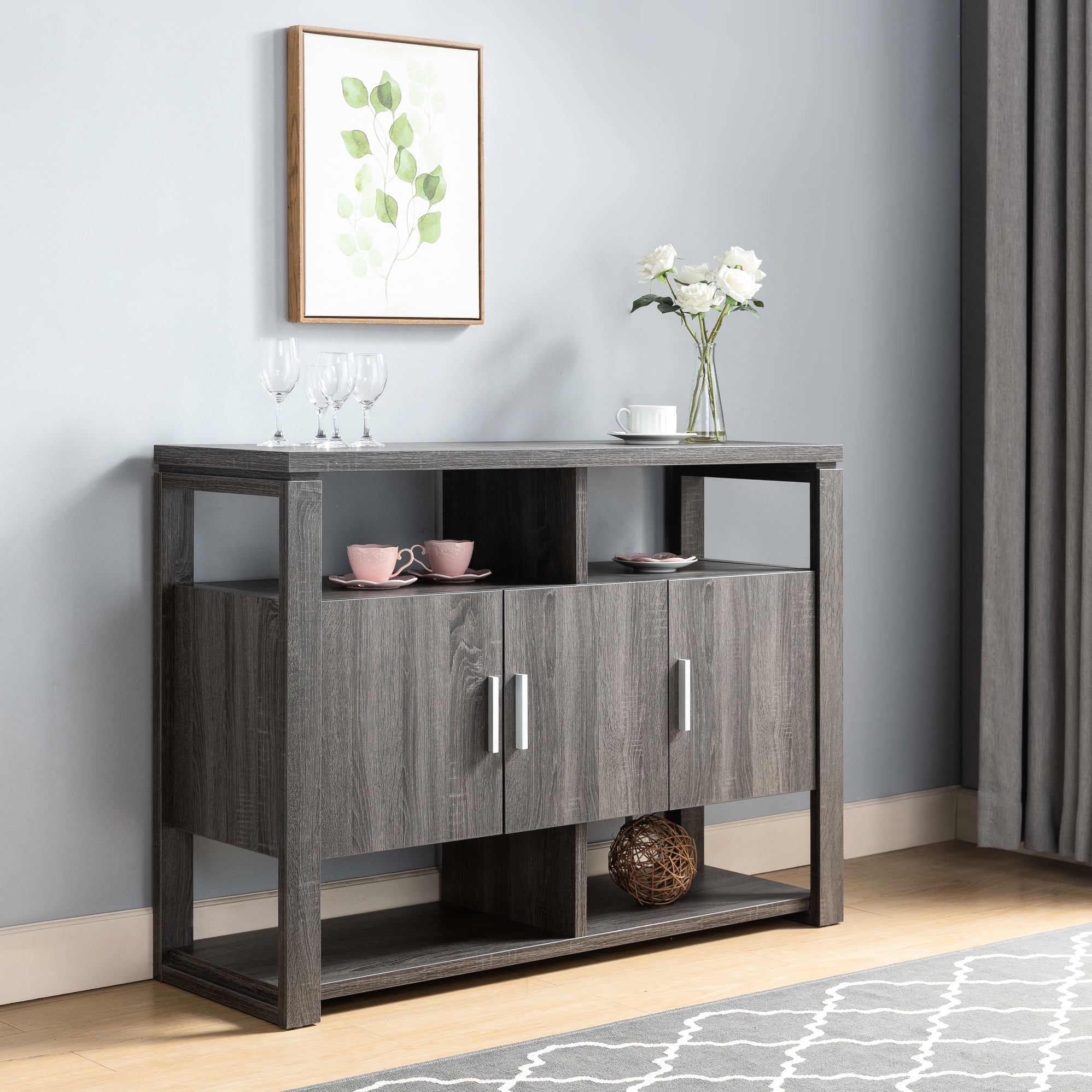 Distressed Grey Buffet Cabinet For Kitchen Use, , 3 Door, Metal Handles ...