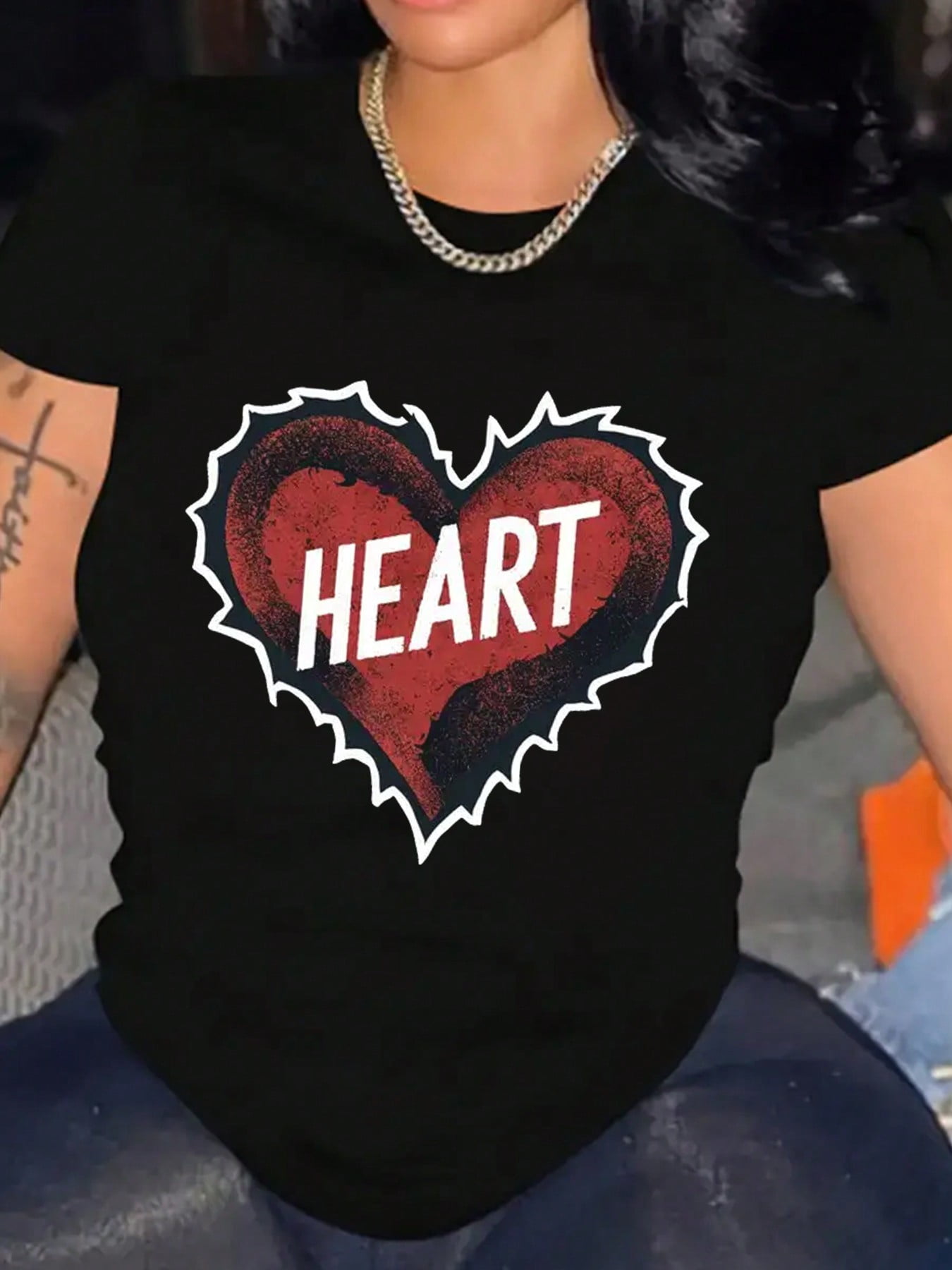 Distressed Heart Graphic Valentine's Day Women Short Sleeve Crew Neck T ...