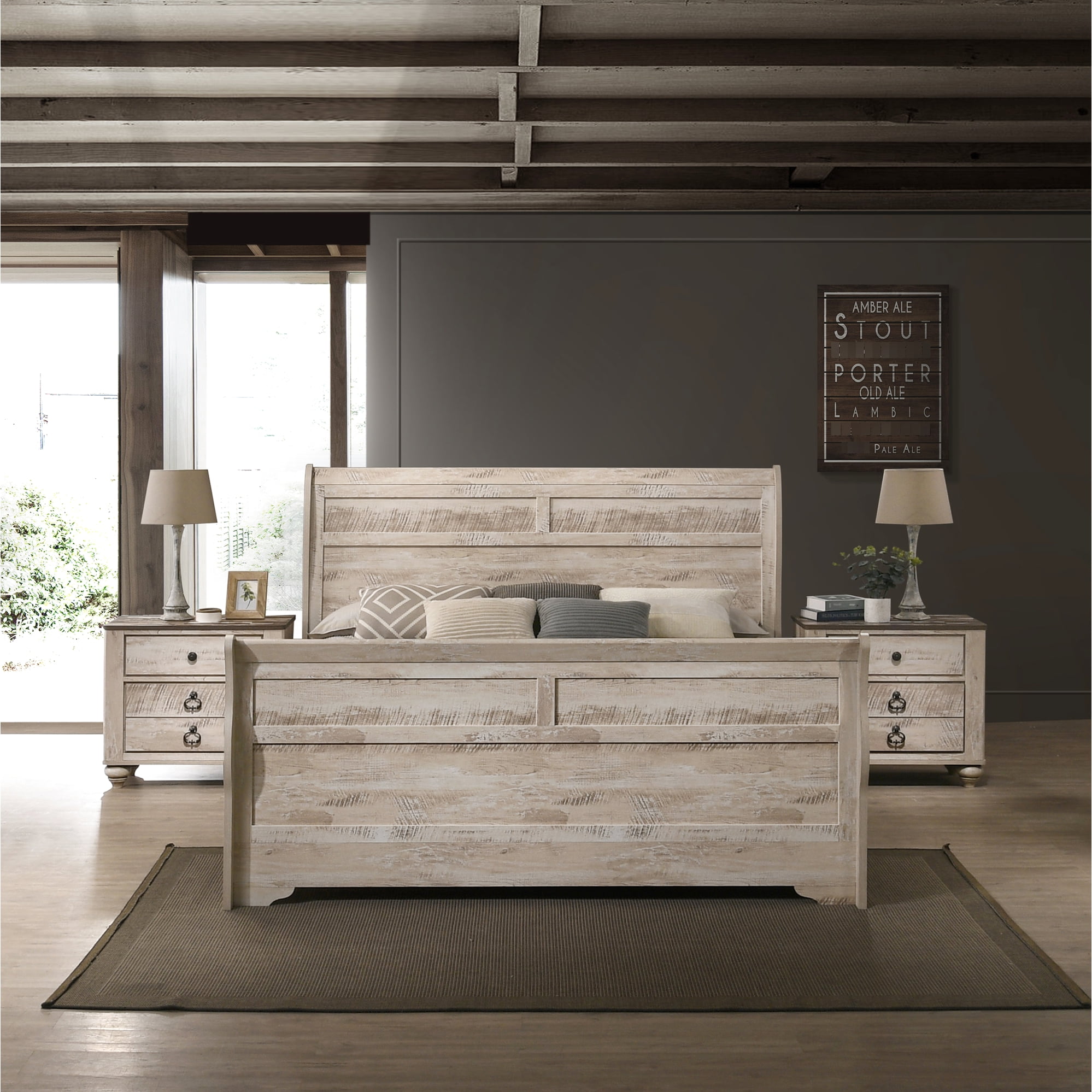 Distressed King Bedroom Collection - Bed & 2 Graceful Night Tables ...