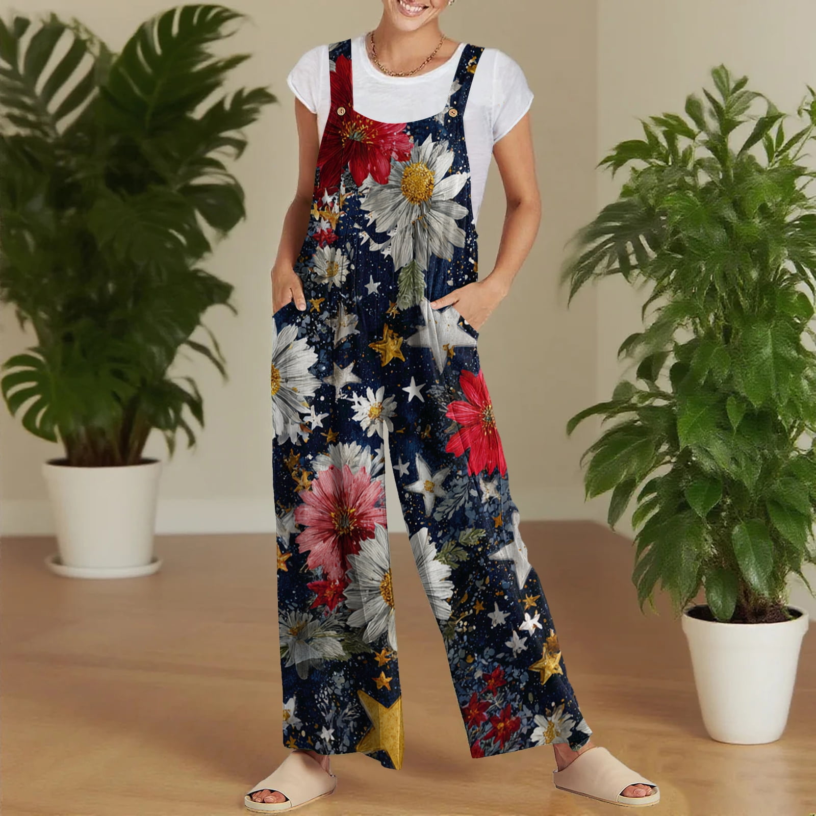 Distressed Linen Patchwork One Piece Casual Comfortable Overalls For ...