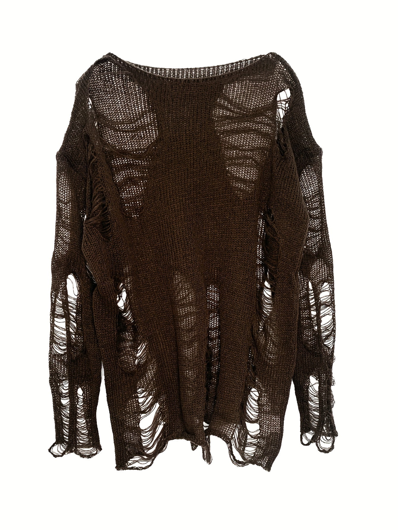 Distressed Long-Sleeve Knit Sweater – Asymmetrical, Off-the-Shoulder ...