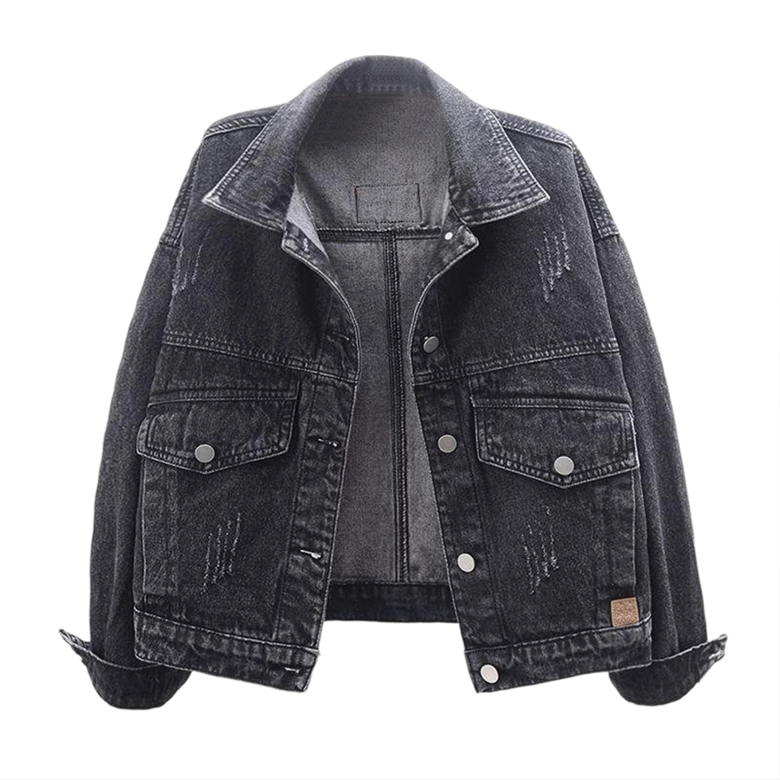 Distressed Long Sleeve Lapel Cropped Denim Jacket For Women Ripped ...