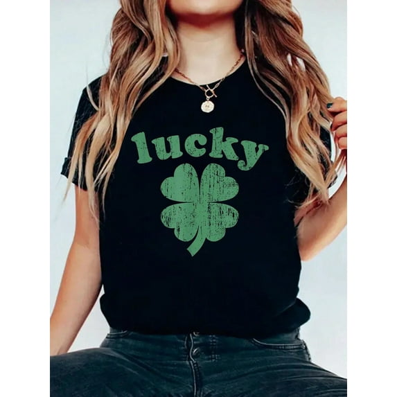 Distressed Lucky Shamrock Print Women Short Sleeve Casual Graphic Tee ...