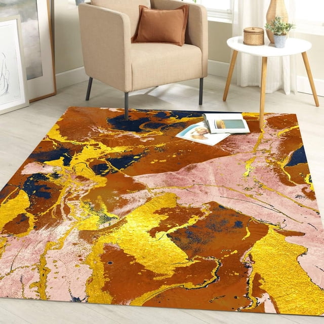 Distressed Marble Area Rug Navy Blue Pink Terracotta Gold Washable ...