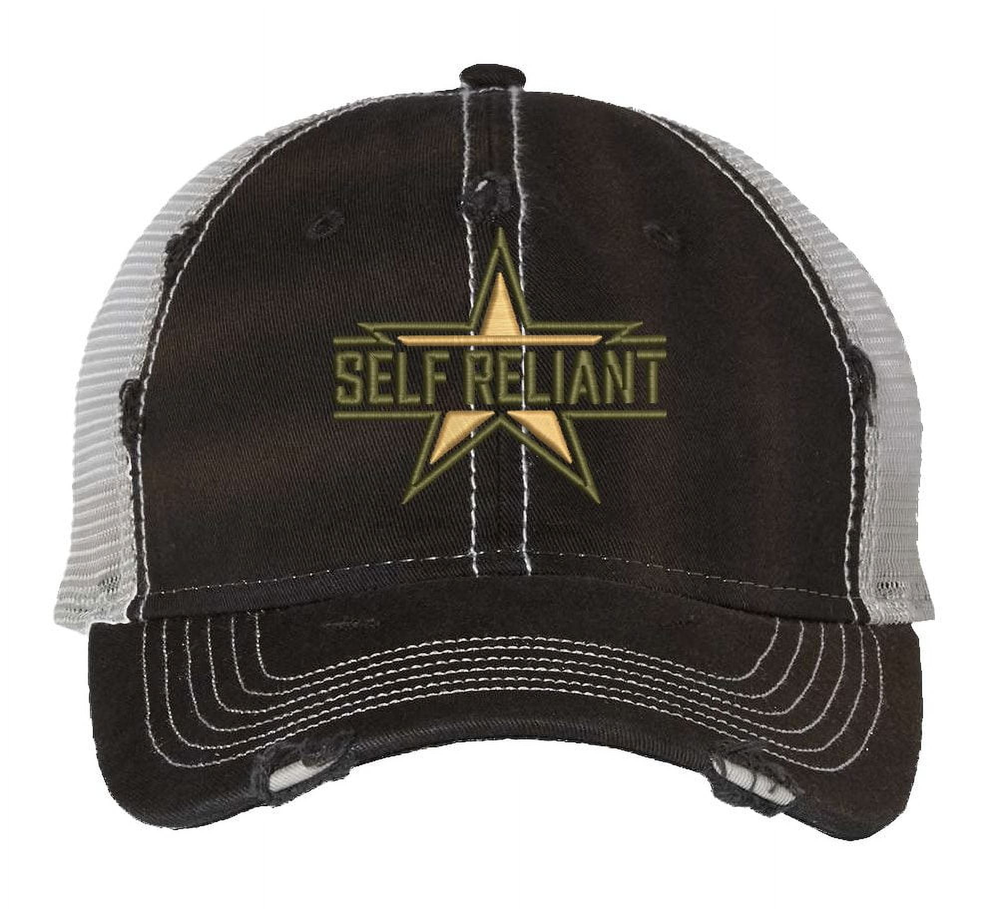 Distressed Military Star Trucker Hat - 'Self Reliant' Embroidery - Vintage Mesh And Strapback ...