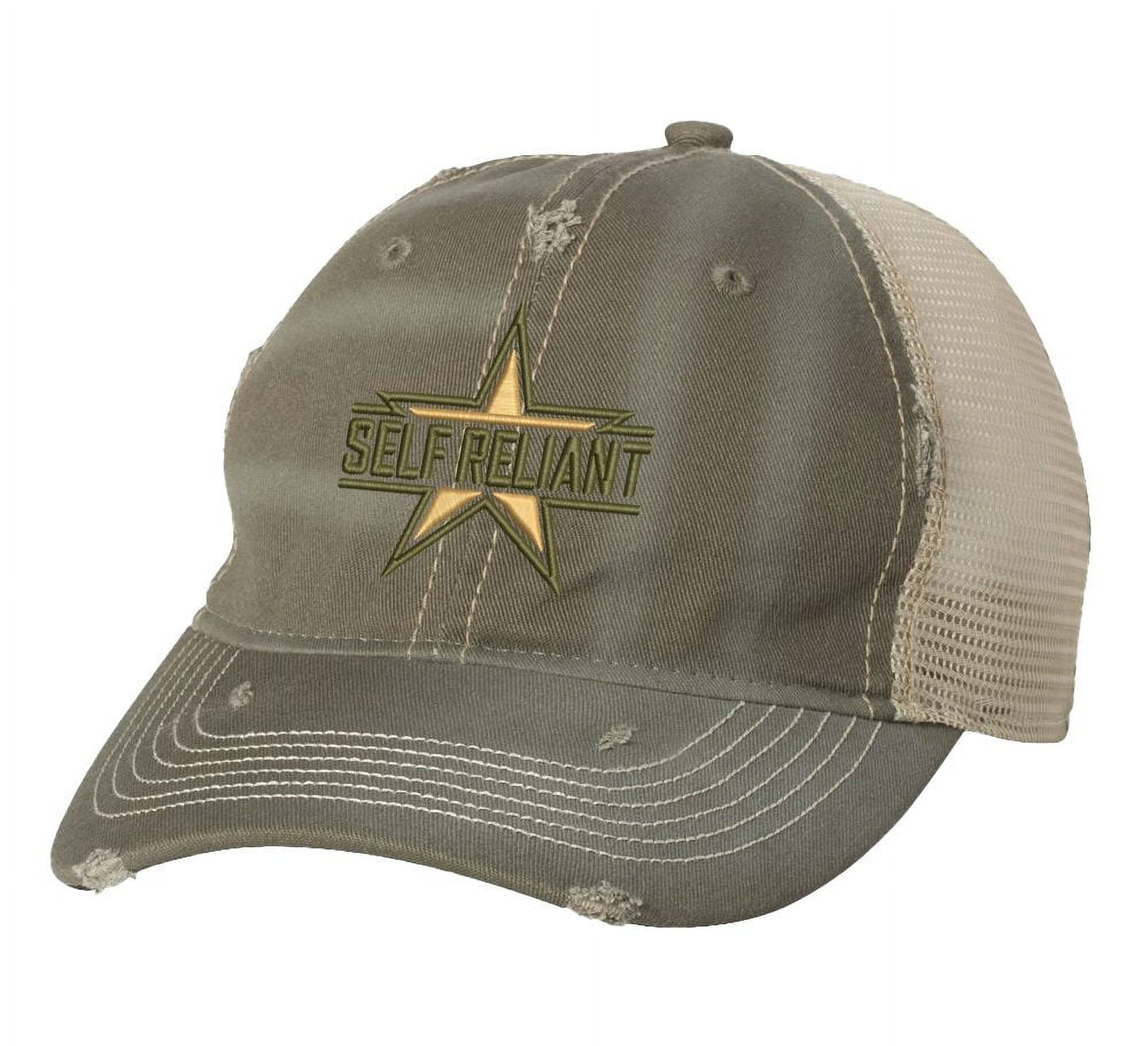 Distressed Military Star Trucker Hat - 'Self Reliant' Embroidery - Vintage Mesh And Strapback ...