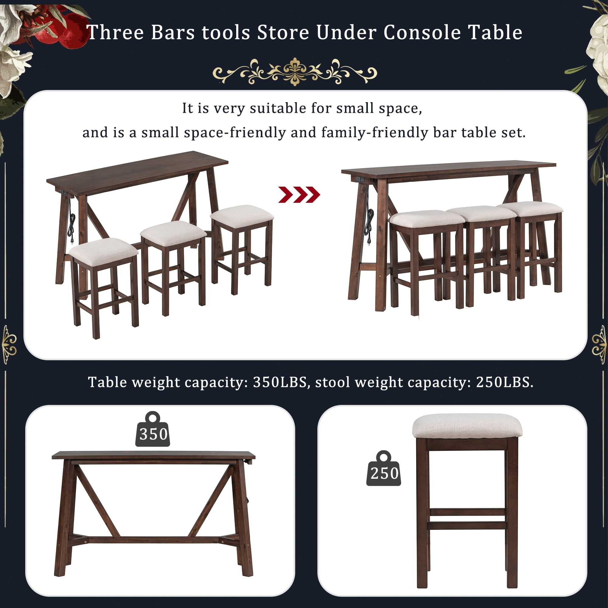 Distressed Multipurpose Home Kitchen Dining Bar Table Set with Stools ... Distressed Multipurpose Home Kitchen Dining Bar Table Set with Stools ...