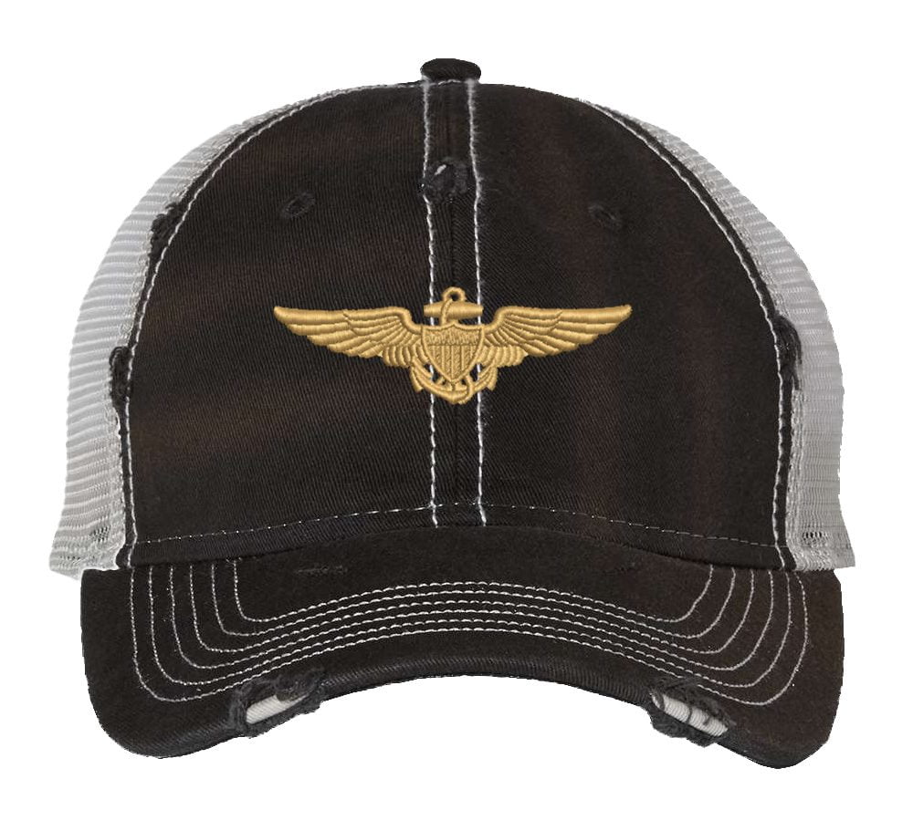 Distressed Navy Aviator Trucker Hat – Gold Embroidered Pilot Wings ...