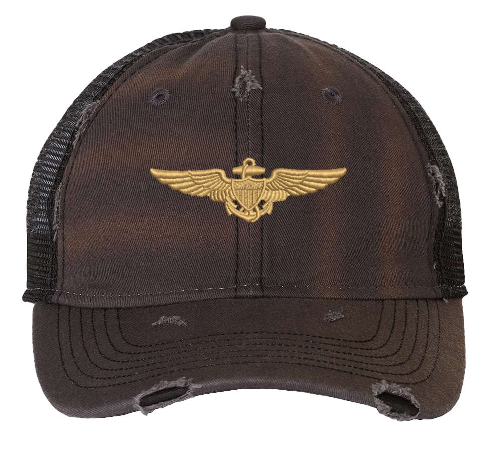 Aviation Trucker Hat - Distressed Navy Aviator Cap with Gold Wings ...