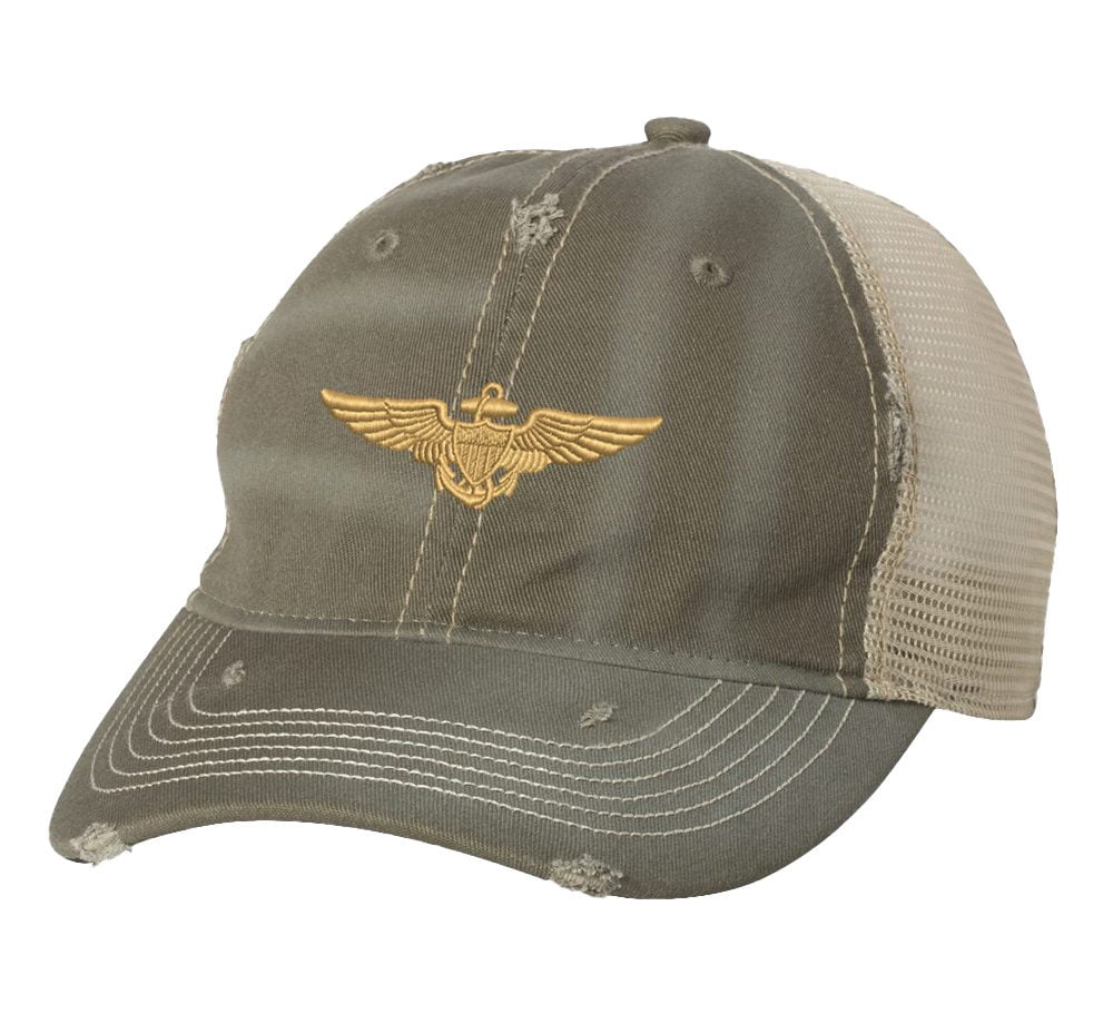 Aviation Trucker Hat - Distressed Navy Aviator Cap with Gold Wings ...