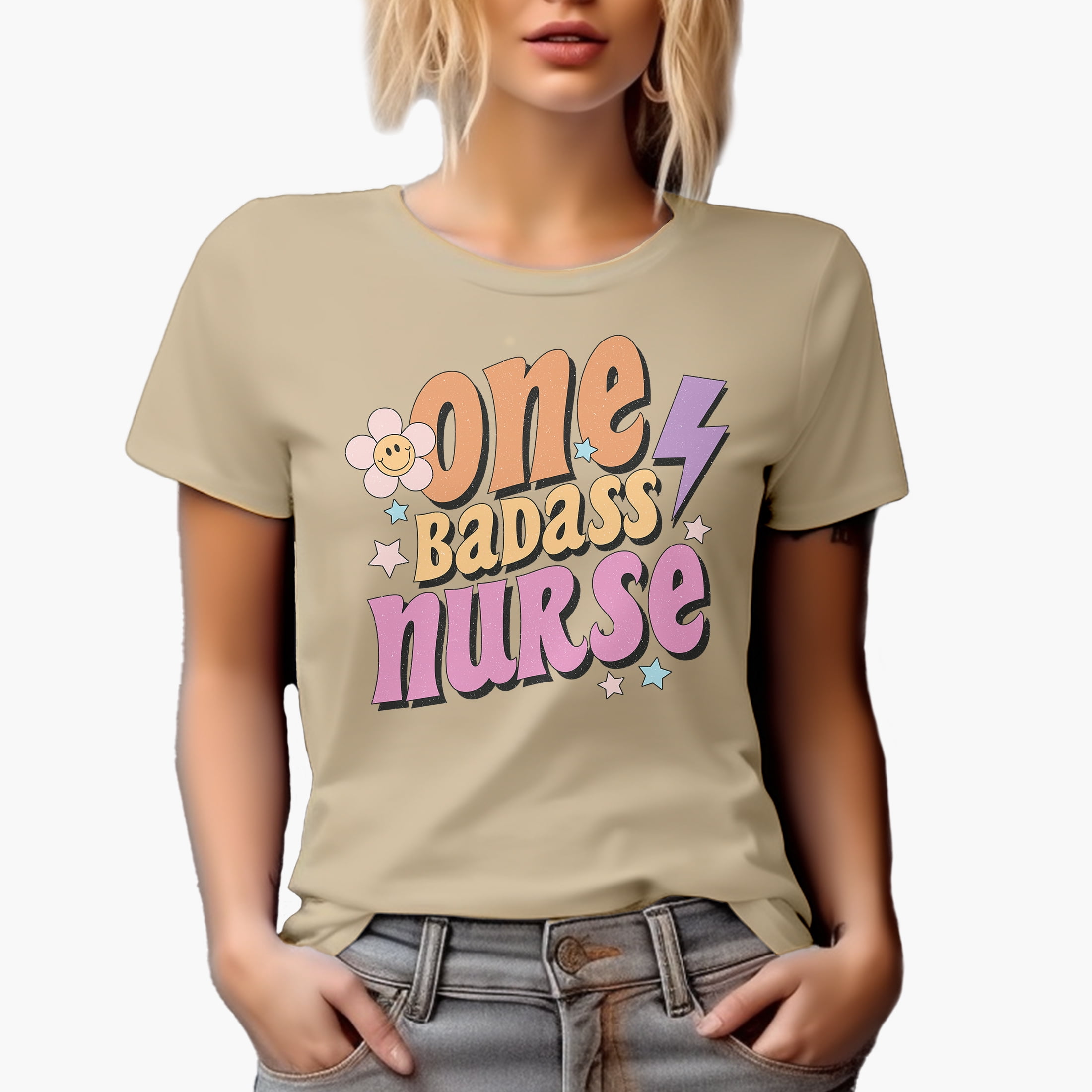 Distressed One Bad Ass Nurse - Retro Nurses Week Art Merch Gift, Tan T ...