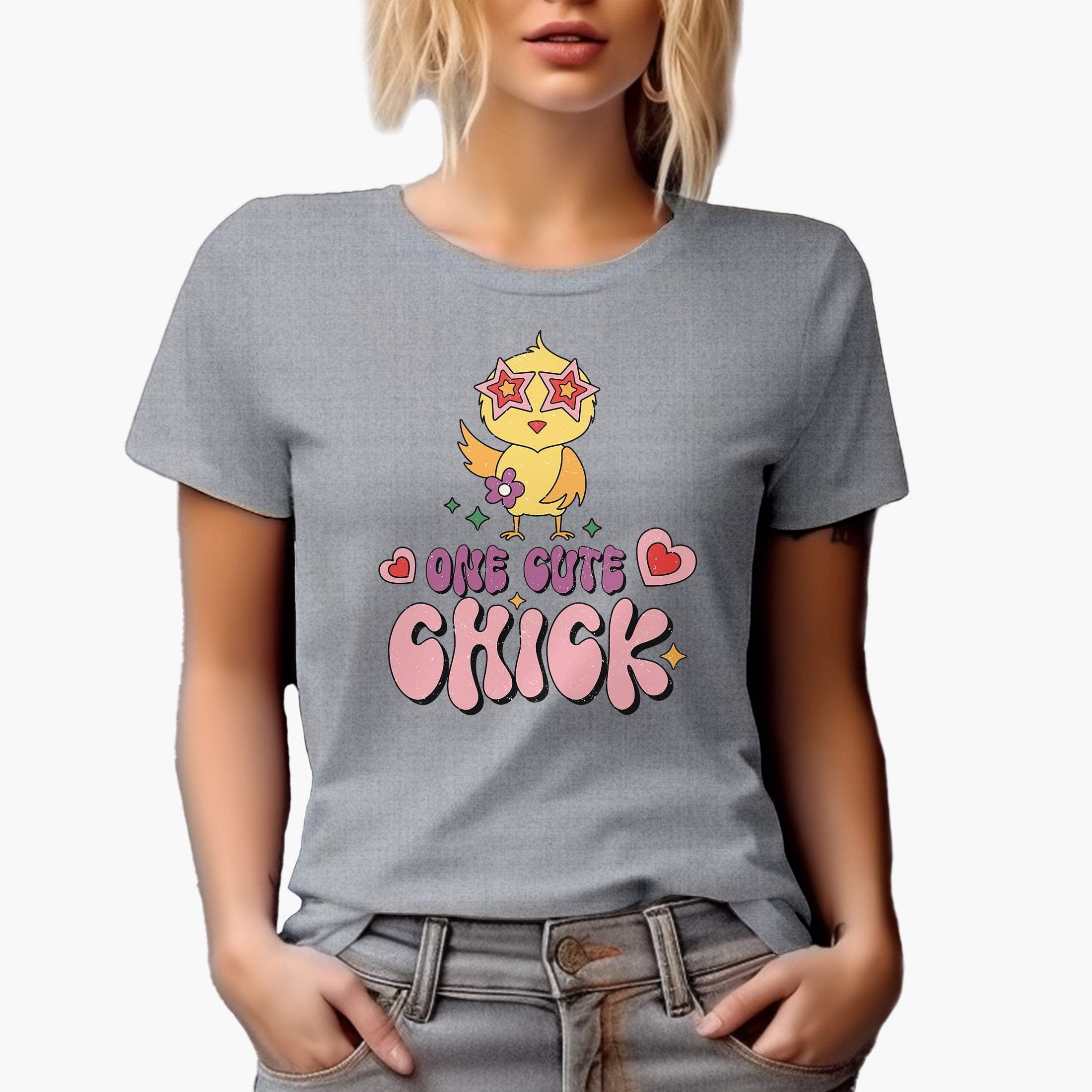 Distressed One Cute Chick - Retro Chicken Art Merch Gift, Heather Grey ...