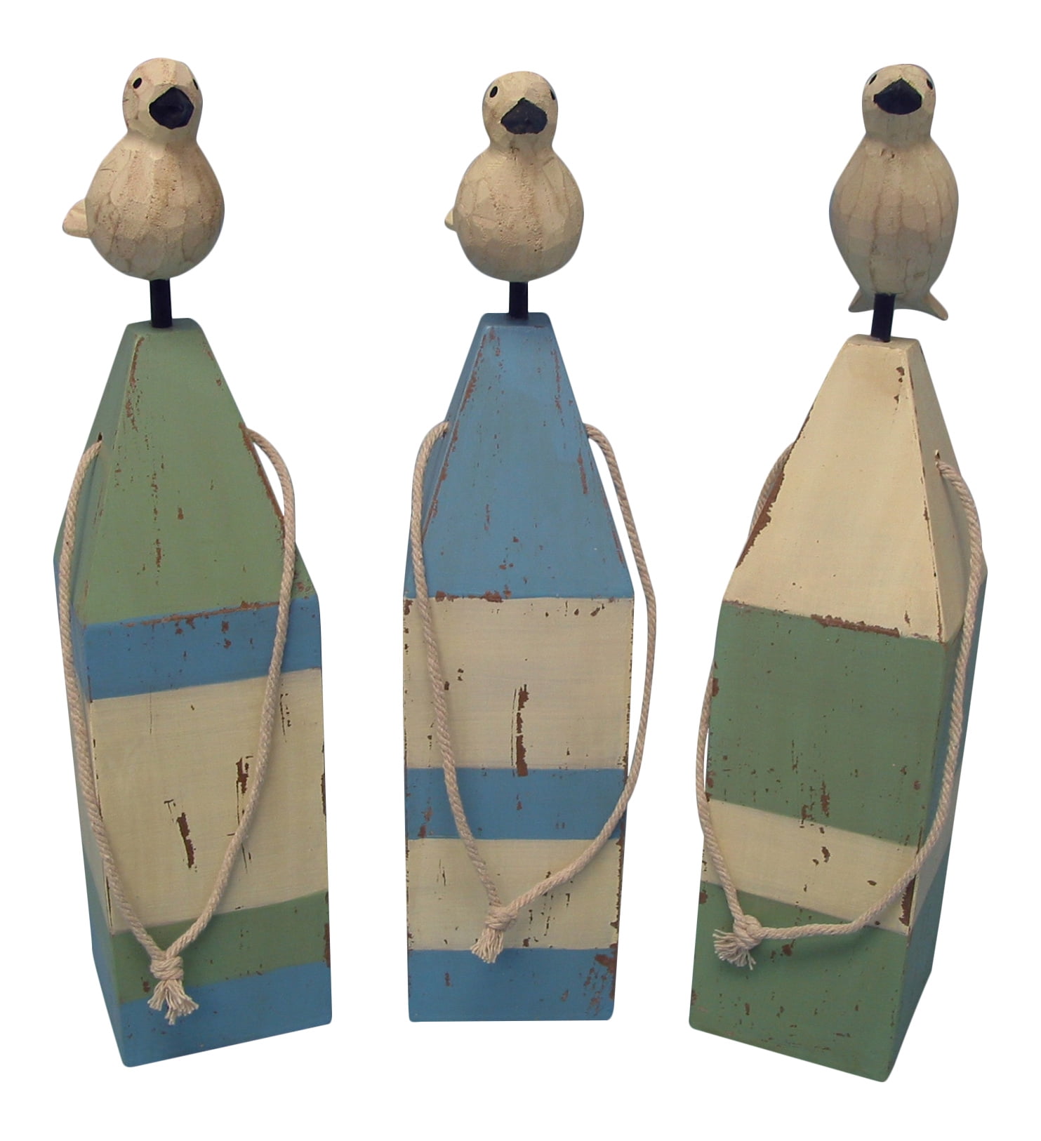 Distressed Painted Buoys with Seagull Bird on Top 11 Inch Figurines Set ...