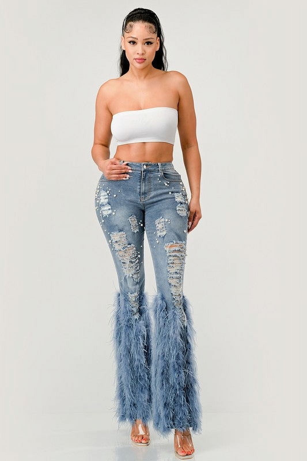 Distressed Pearl Embellished Feather Jeans - Walmart.com