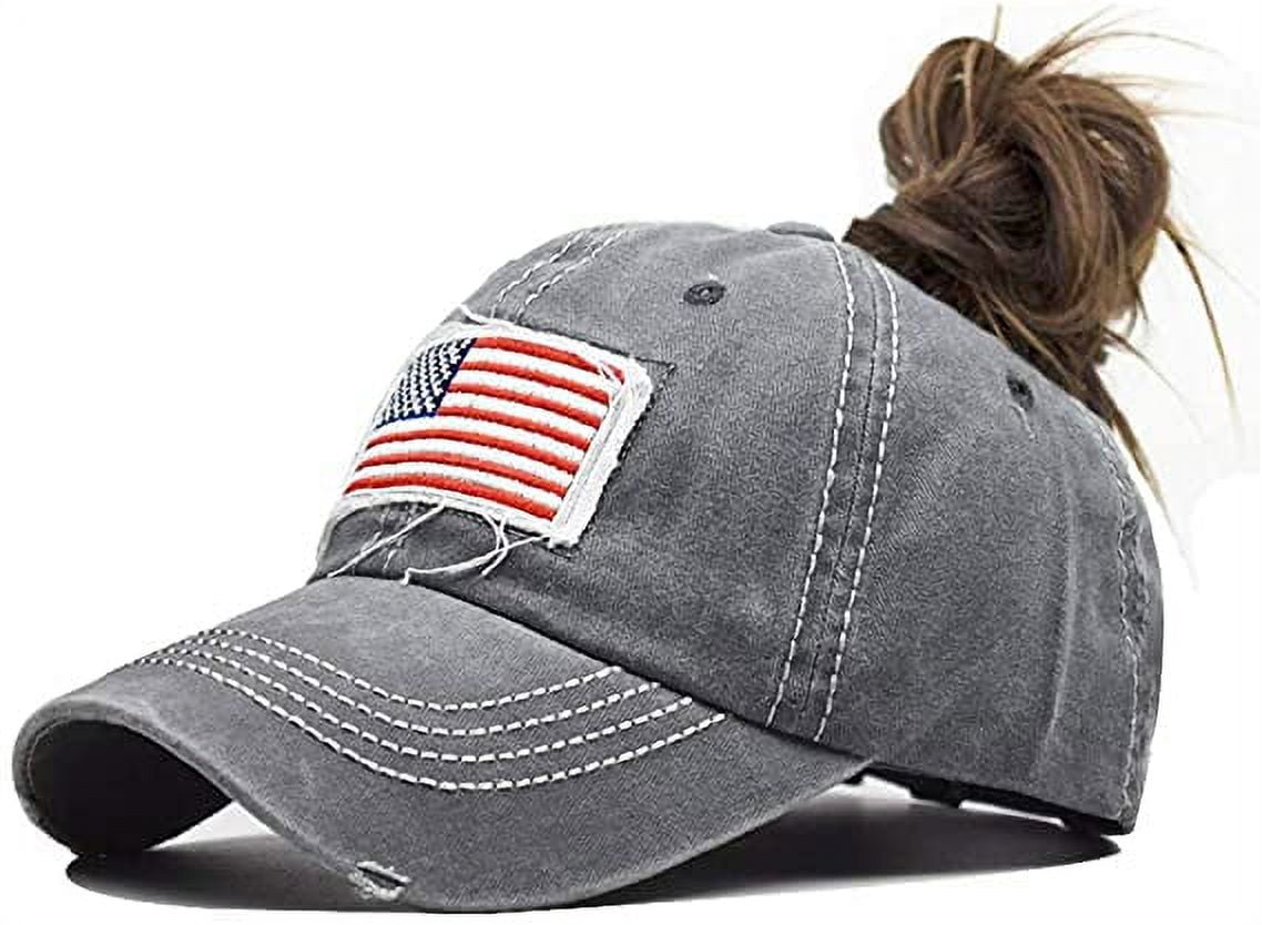 Distressed Ponytail Hat for Women American-Flag Pony Tail Caps High Bun ...