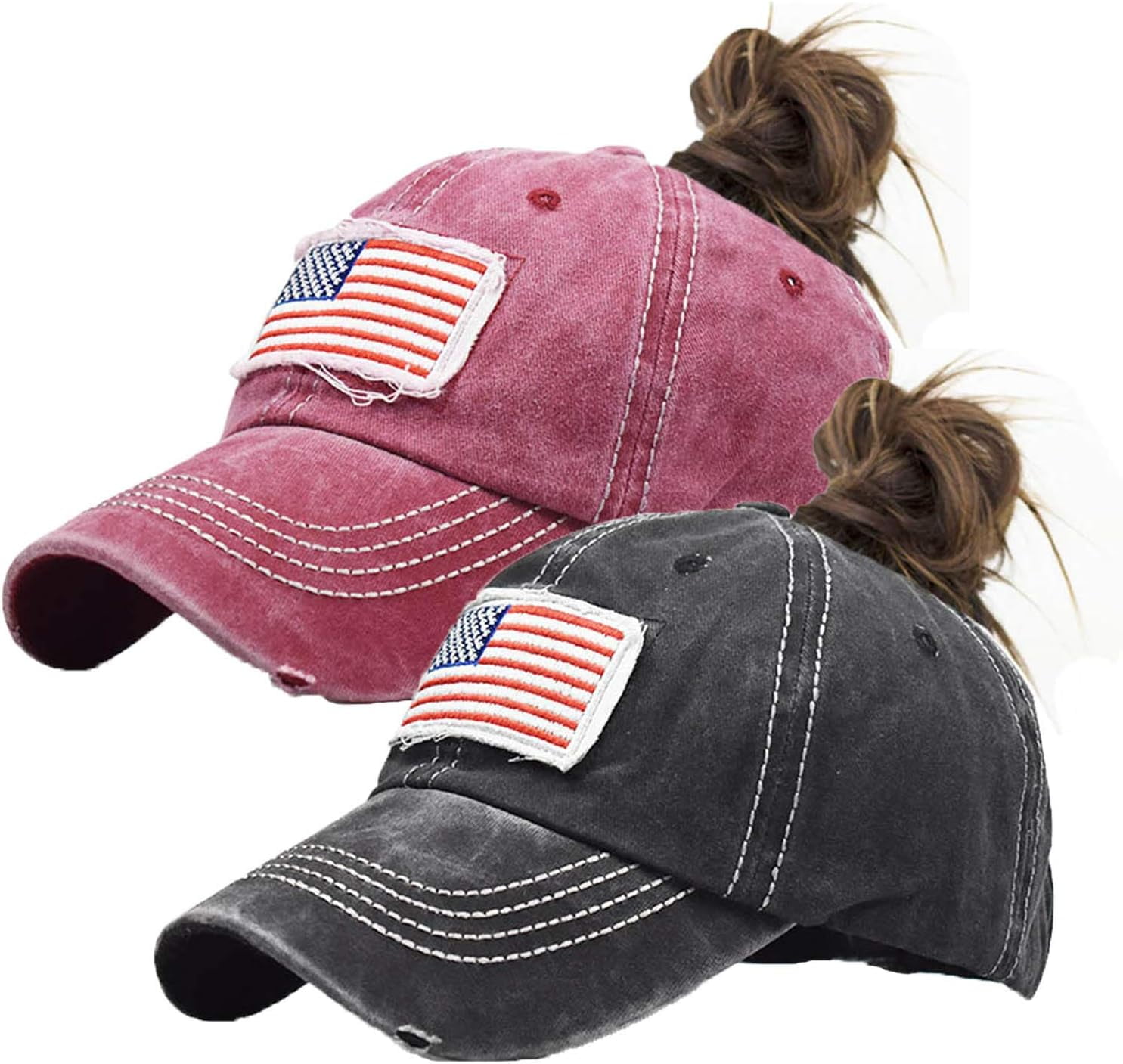 Distressed Ponytail Hat for Women American-Flag Pony Tail Caps High Bun ...