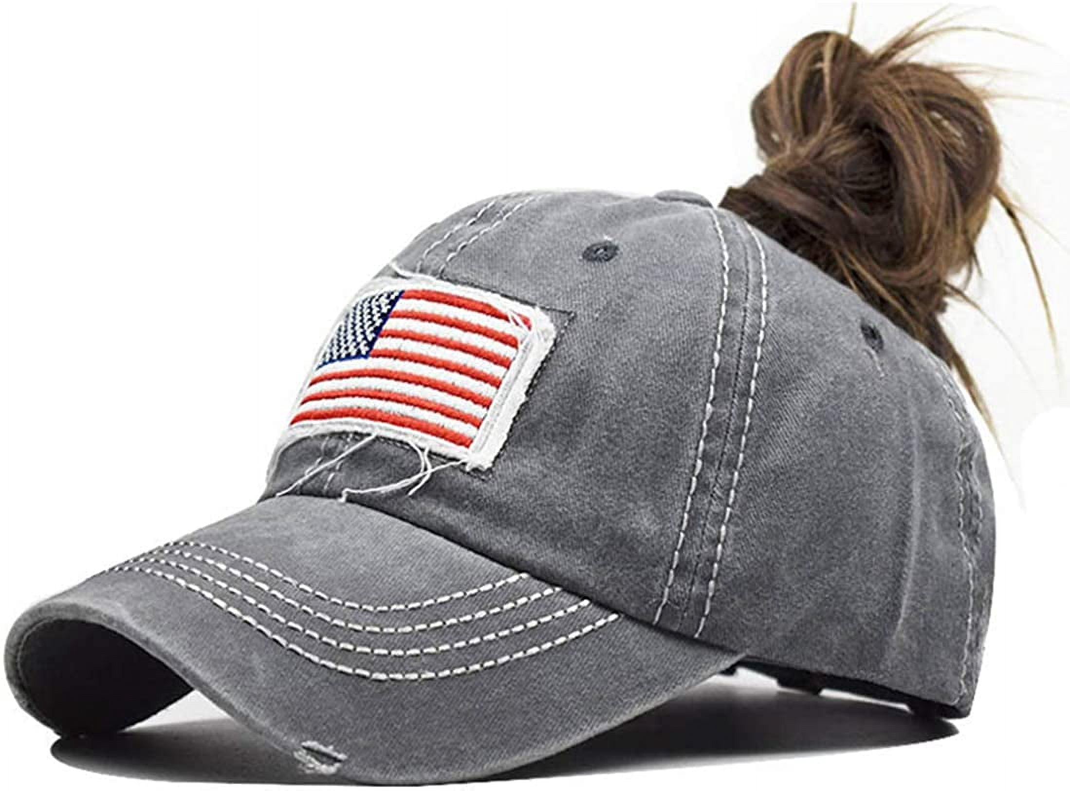 Distressed Ponytail Hat for Women American-Flag Pony Tail Caps High Bun ...