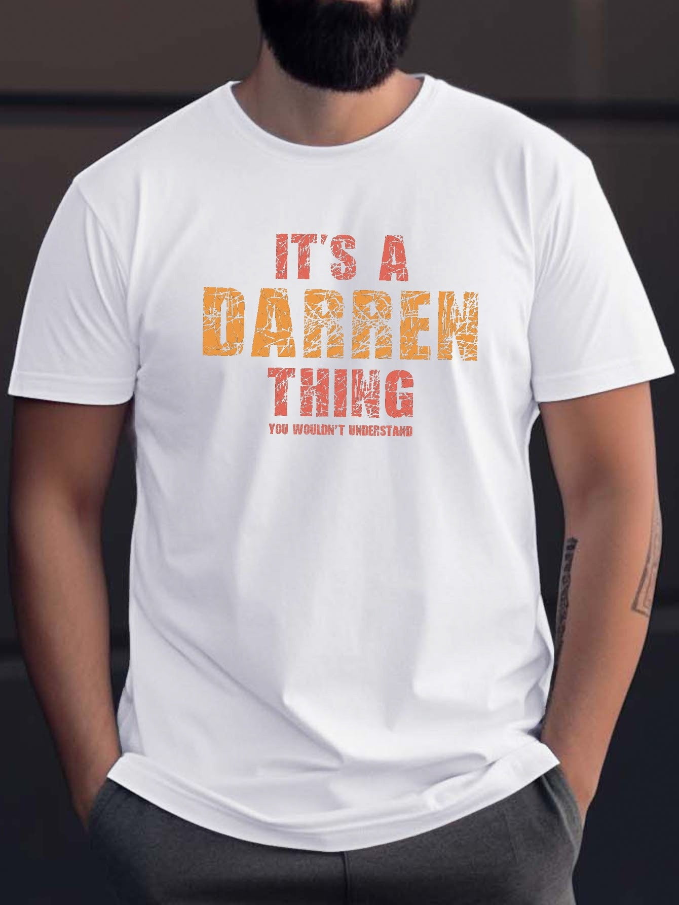 [Distressed Print Graphic Tee] Distressed Orange & Red Print Graphic ...