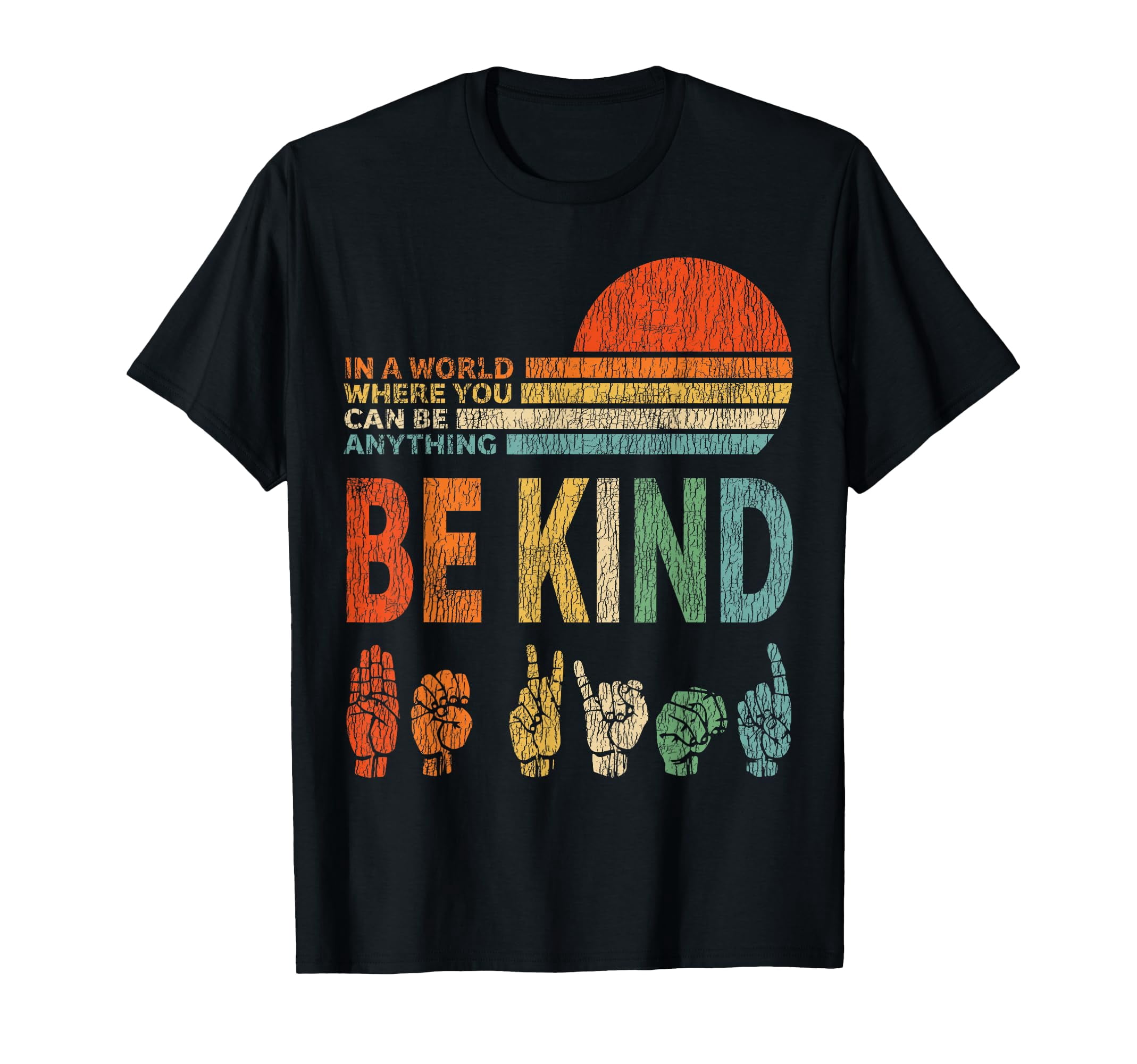 Distressed Retro Sunset Be Kind Sign Language Graphic T-Shirt for ...