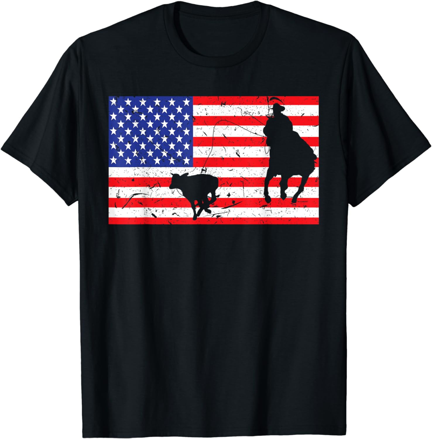 Distressed Roping USA American Flag Vintage Rodeo Calf Roper T-Shirt ...