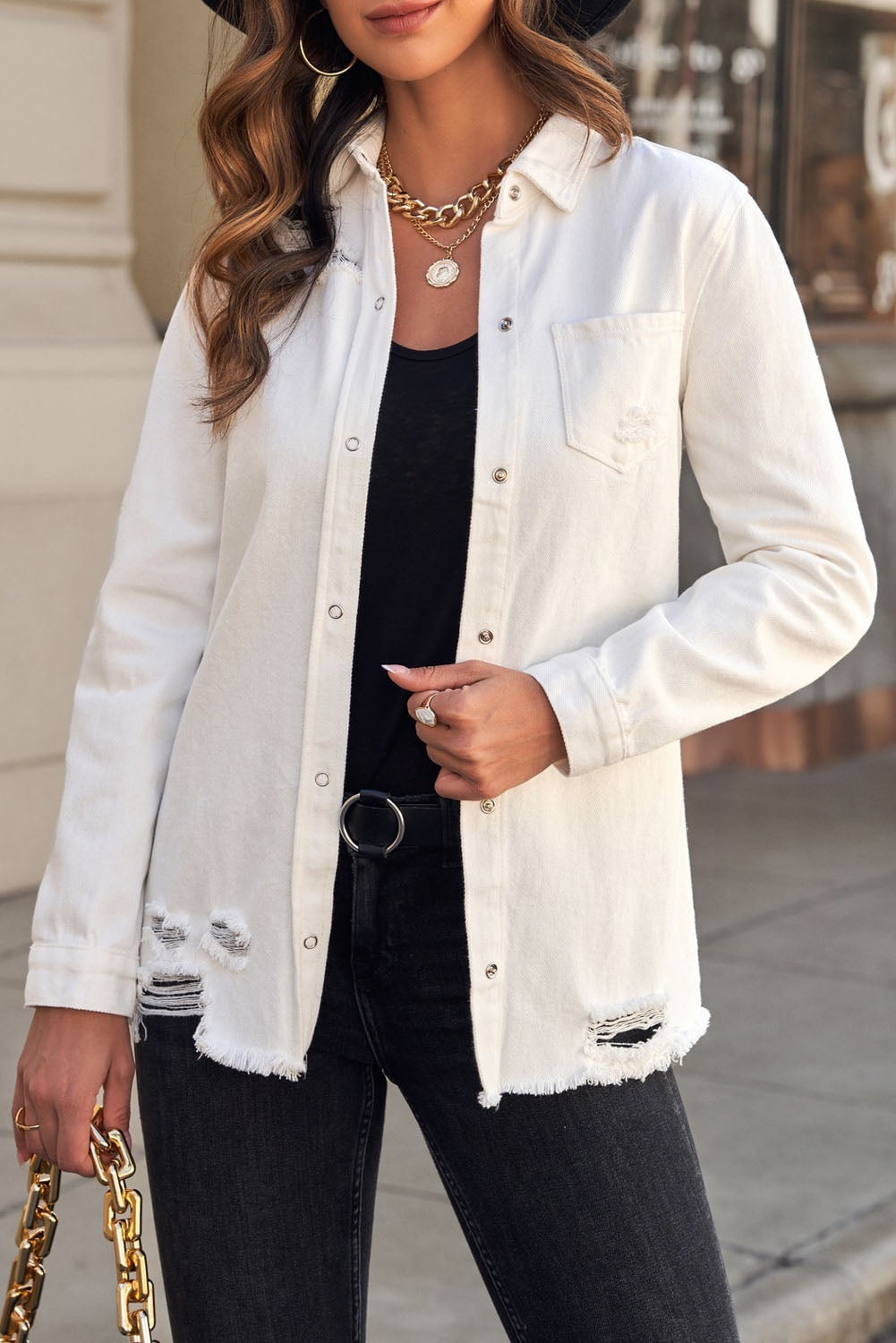 Distressed Snap Down Denim Jacket - Walmart.com