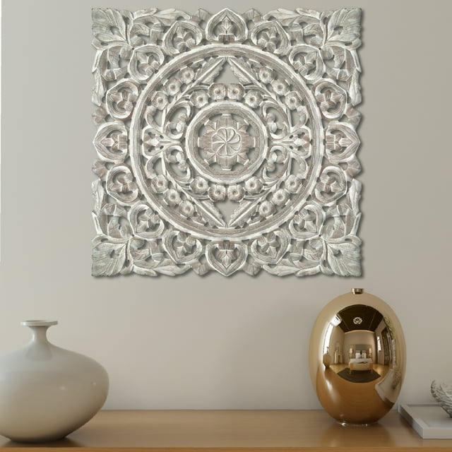 Distressed Square Shape Wooden Wall Panel with Traditional Carvings ...