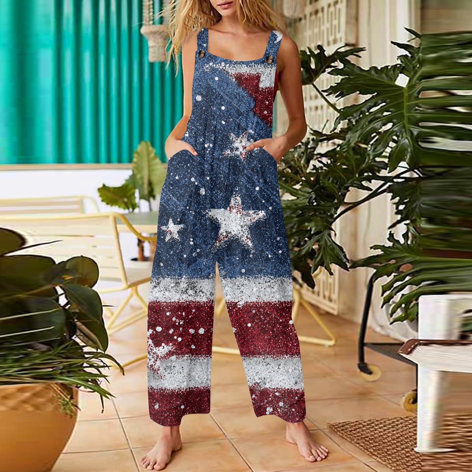 Distressed Stars and Stripes Overalls American Retro Style Wide Leg ...