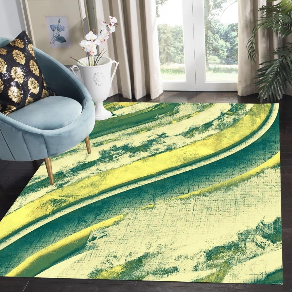Distressed Swirl Pattern Modern Abstract Green Gold Area Rugs Soft ...