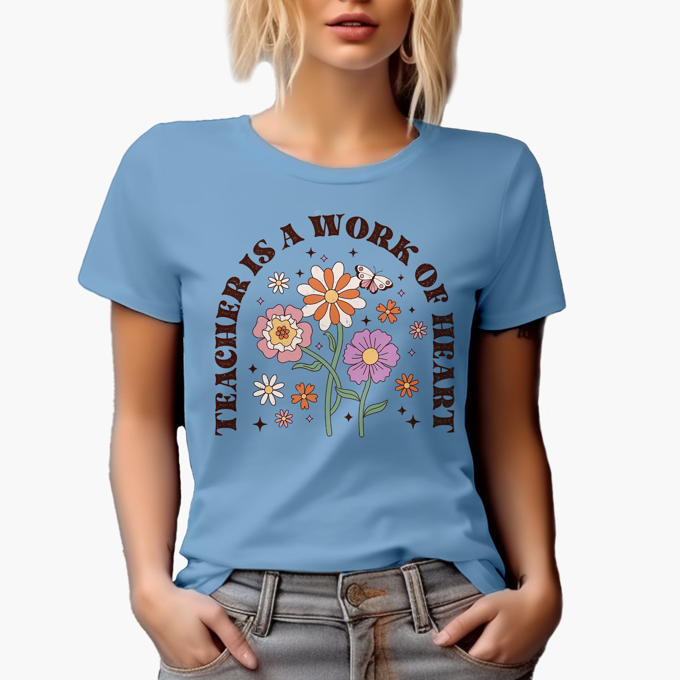 Distressed Teacher Is a Work of Heart - Retro Butterfly & Flowers Art ...
