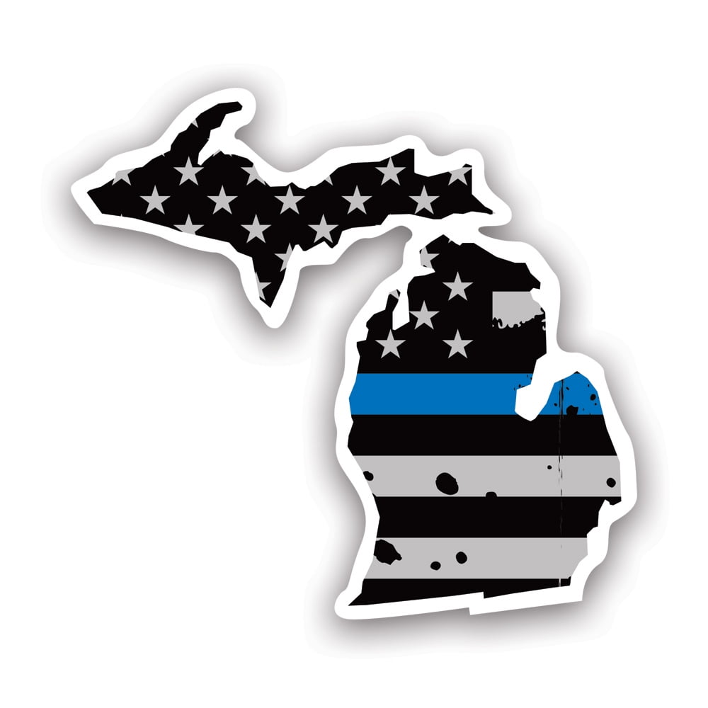 Distressed Thin Blue Line Michigan State Shaped Subdued US Flag Sticker ...