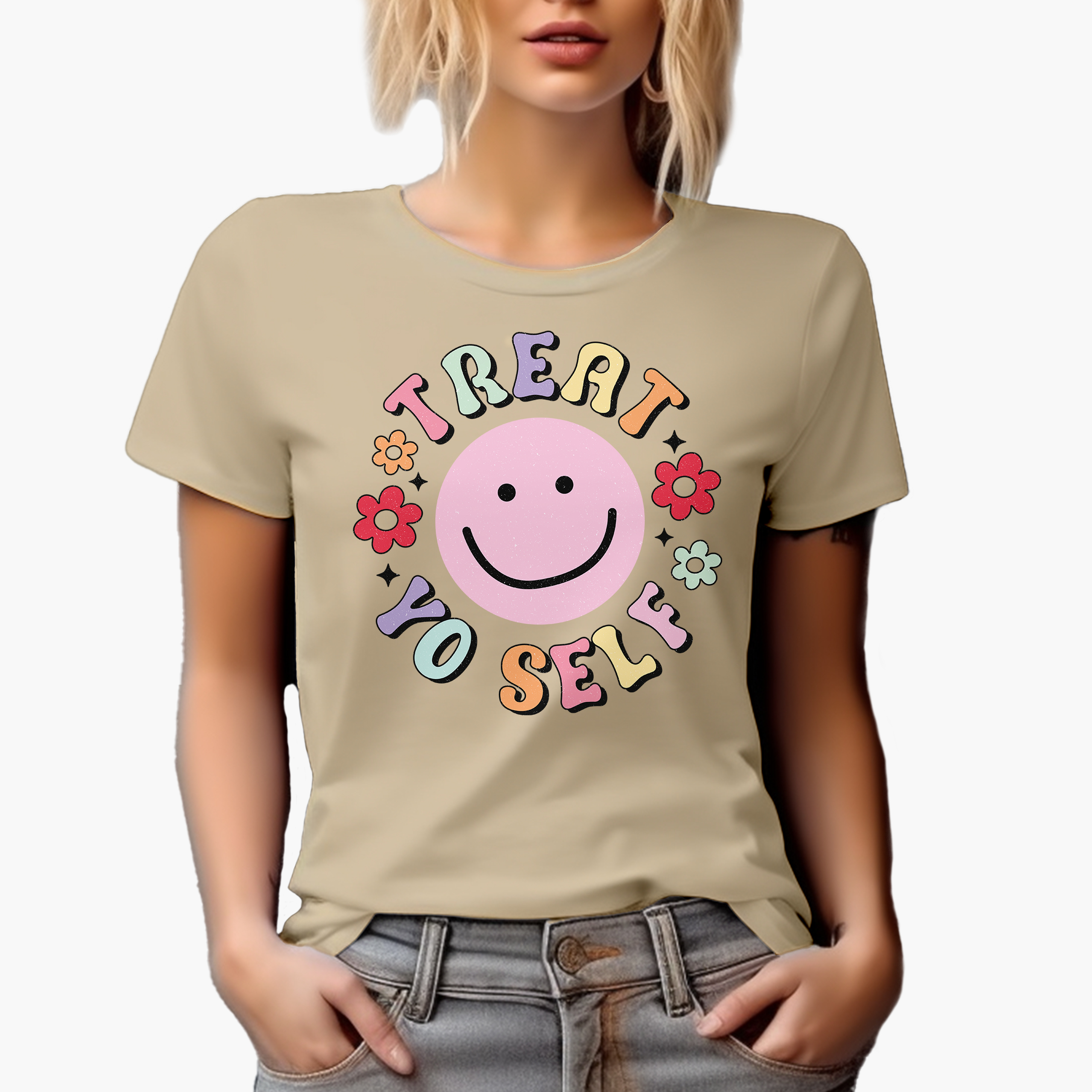 Distressed Treat Yo Self - Happy or Smiling Face and Flowers Art Merch ...