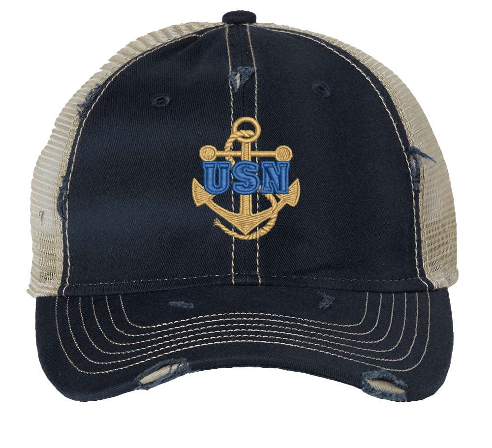 Distressed US Navy Trucker Hat – Embroidered Gold Anchor with Rope Logo ...