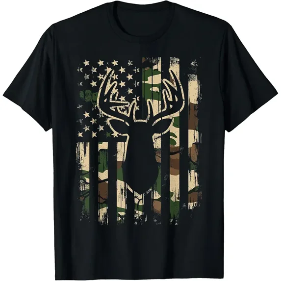 Distressed USA Flag Deer Head Hunter Men Patriotic Short Sleeve T-Shirt ...