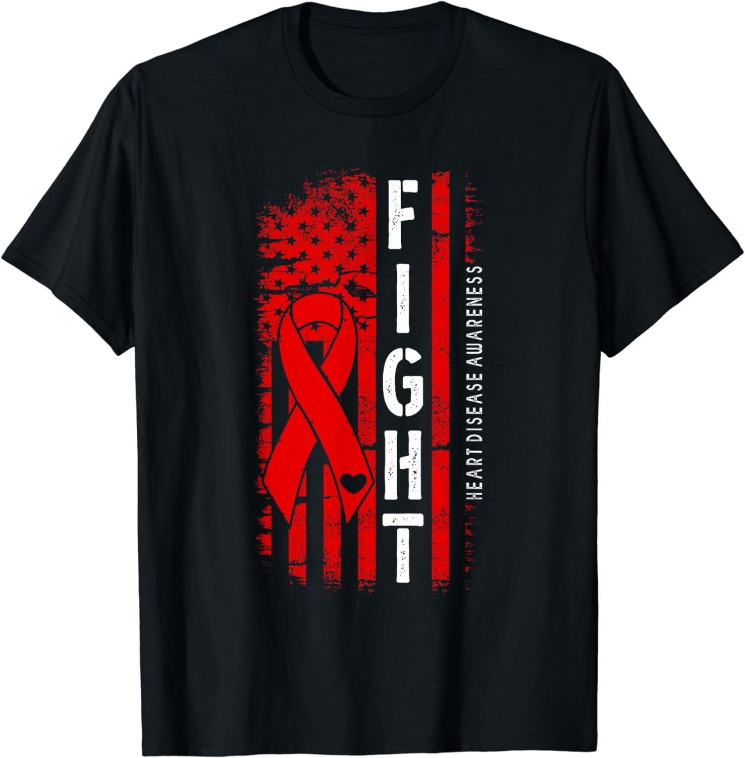 Distressed USA Flag Red Ribbon Fight Heart Disease Awareness T-Shirt ...
