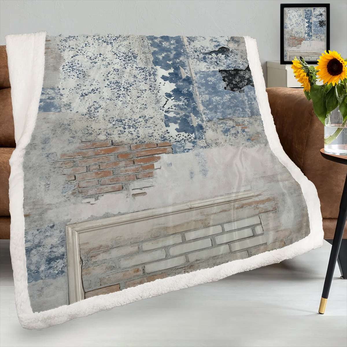 Distressed Wall Brick Blue Design Sherpa Blanket Throw Blanket For Bed ...