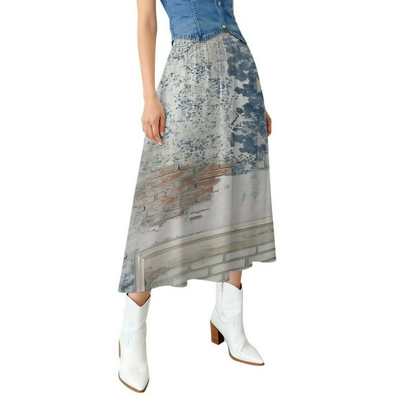 Distressed Wall Brick Blue Design Women High Waist Midi Skirt Elegant ...