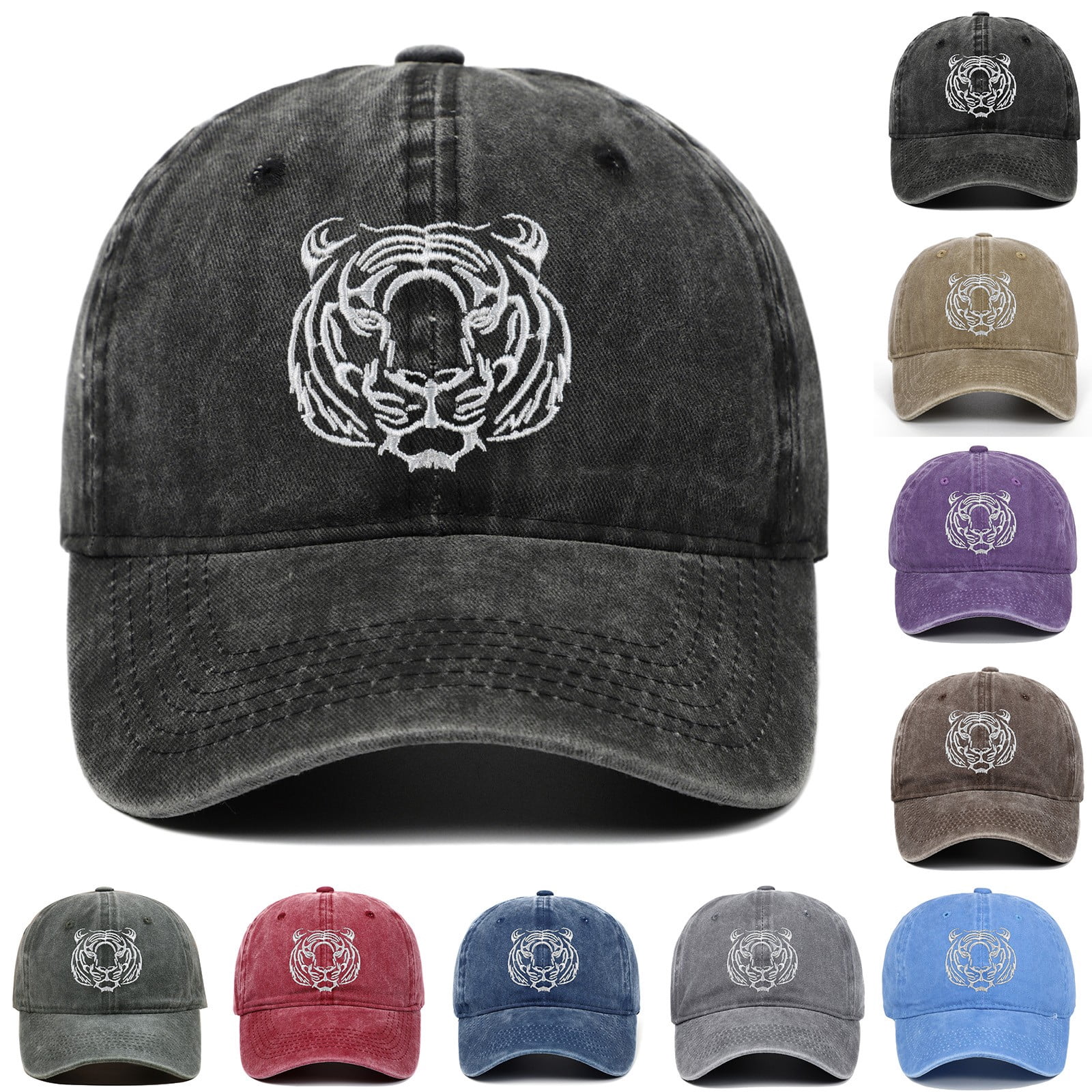 Distressed Washed Baseball Cap With Tiger Embroidery Unisex Vintage Sun ...