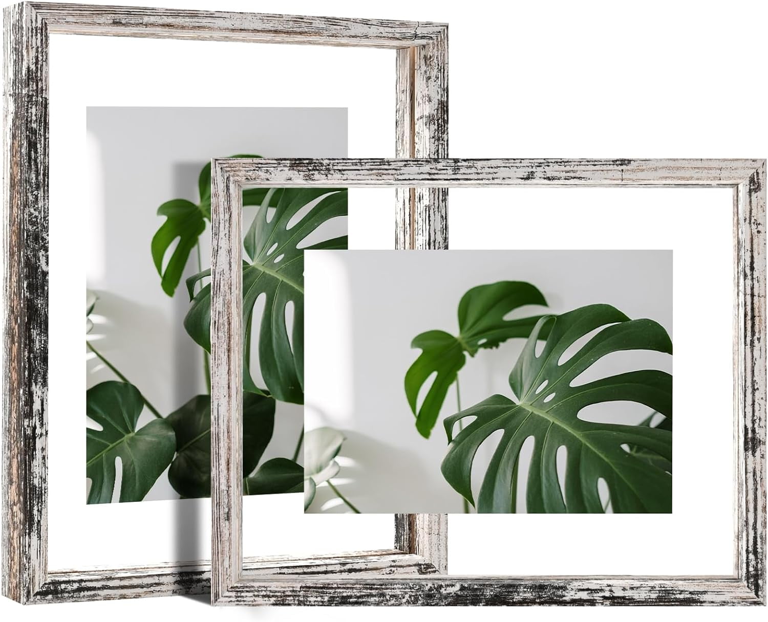 Distressed White 8x10 Floating Frames Set of 2, Double Plexiglass Picture Frame, Made of Solid ...