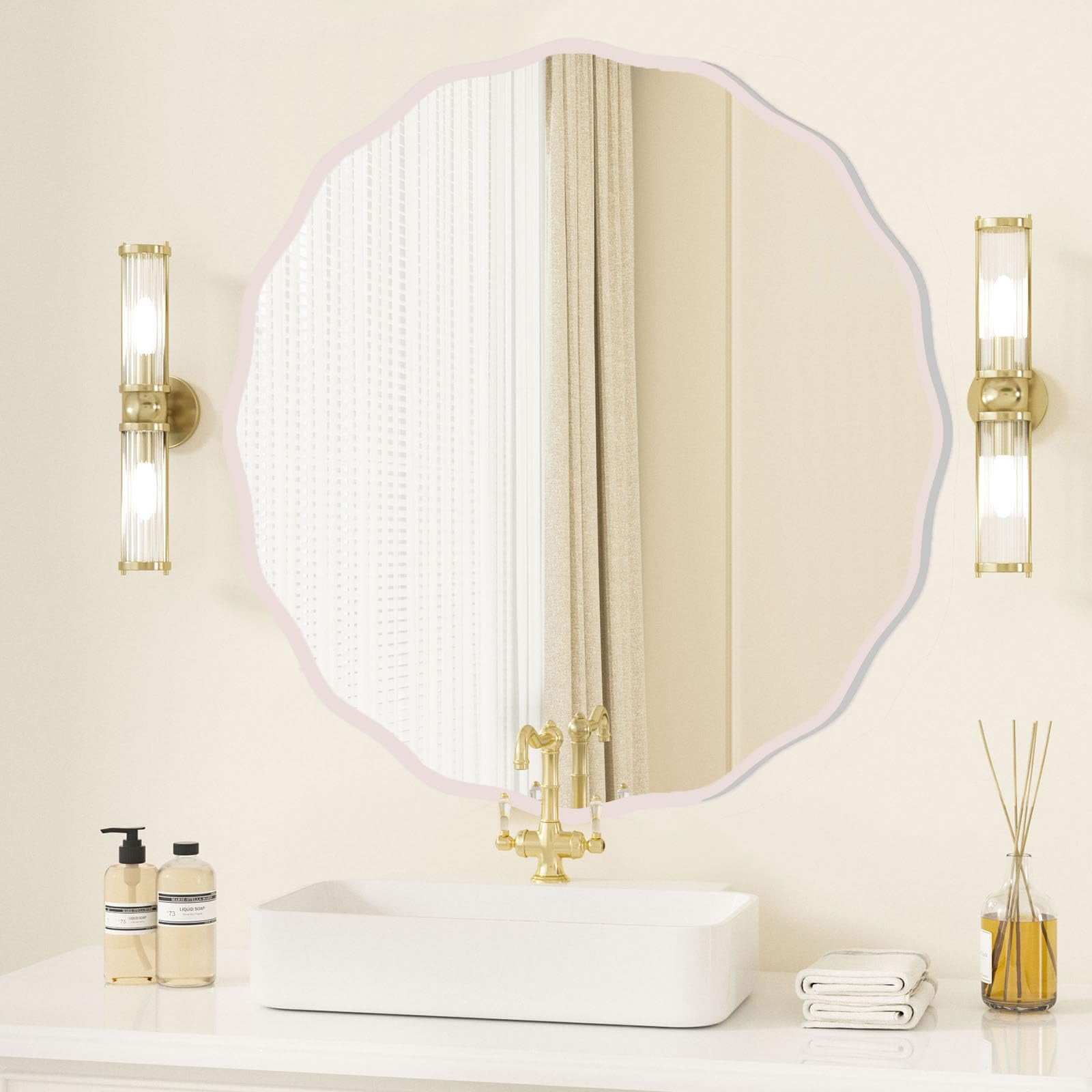 Distressed White Finish Wavy Round Mirror for Wall Decorative 28 ...