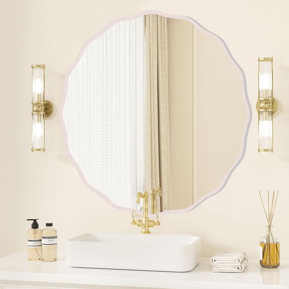 Distressed White Finish Wavy Round Mirror for Wall Decorative 28 ...