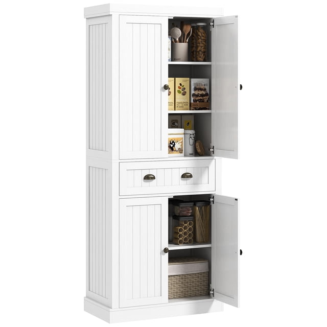 Distressed White Pantry Storage Cabinet, 72", , 4 Doors, 2 Adjustable ...