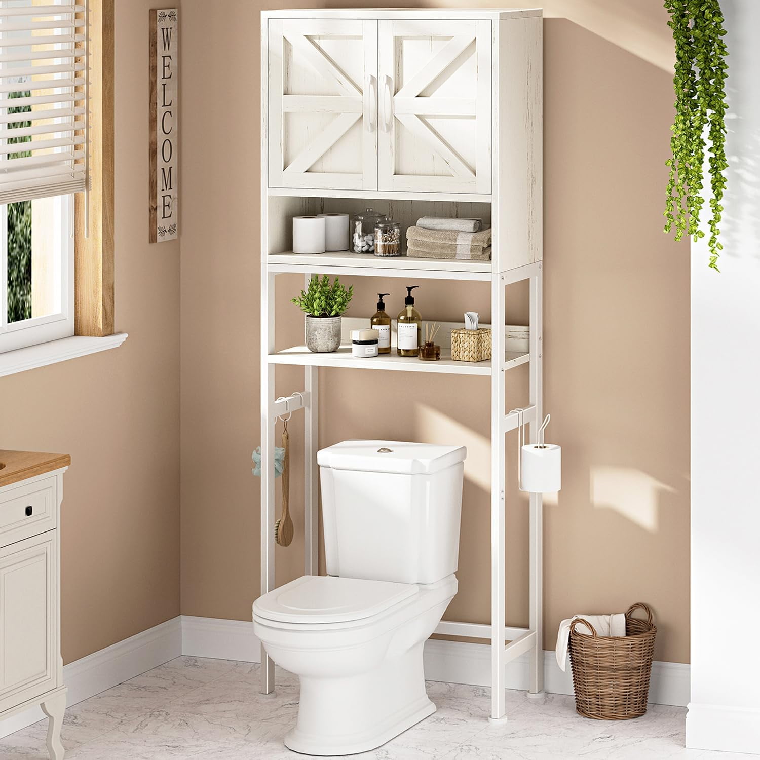 Distressed White over the Toilet Storage Cabinet - Bathroom Shelves ...