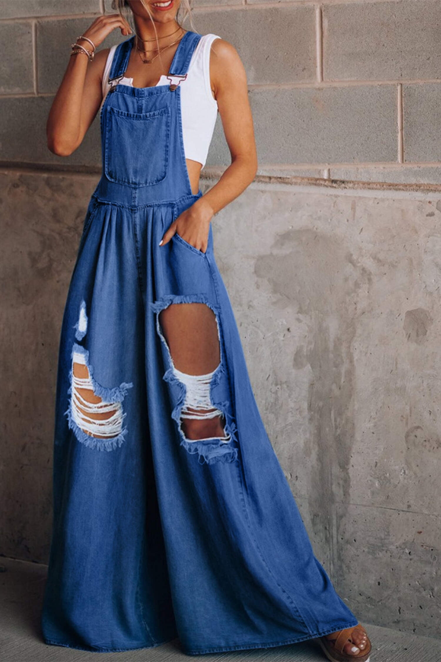 Distressed Wide Leg Denim Overalls - Walmart.com