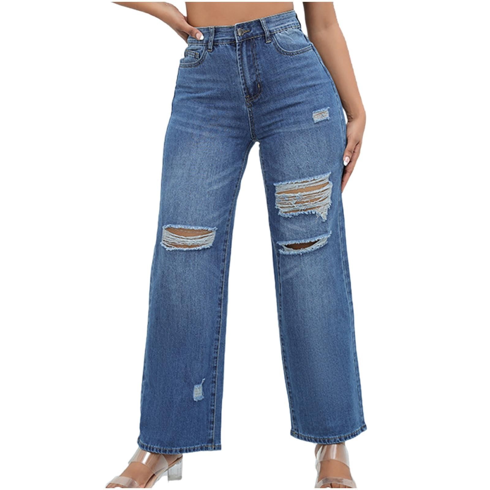 Distressed Wide Leg Jeans - Women's Trendy Destroyed Denim Pants, High ...