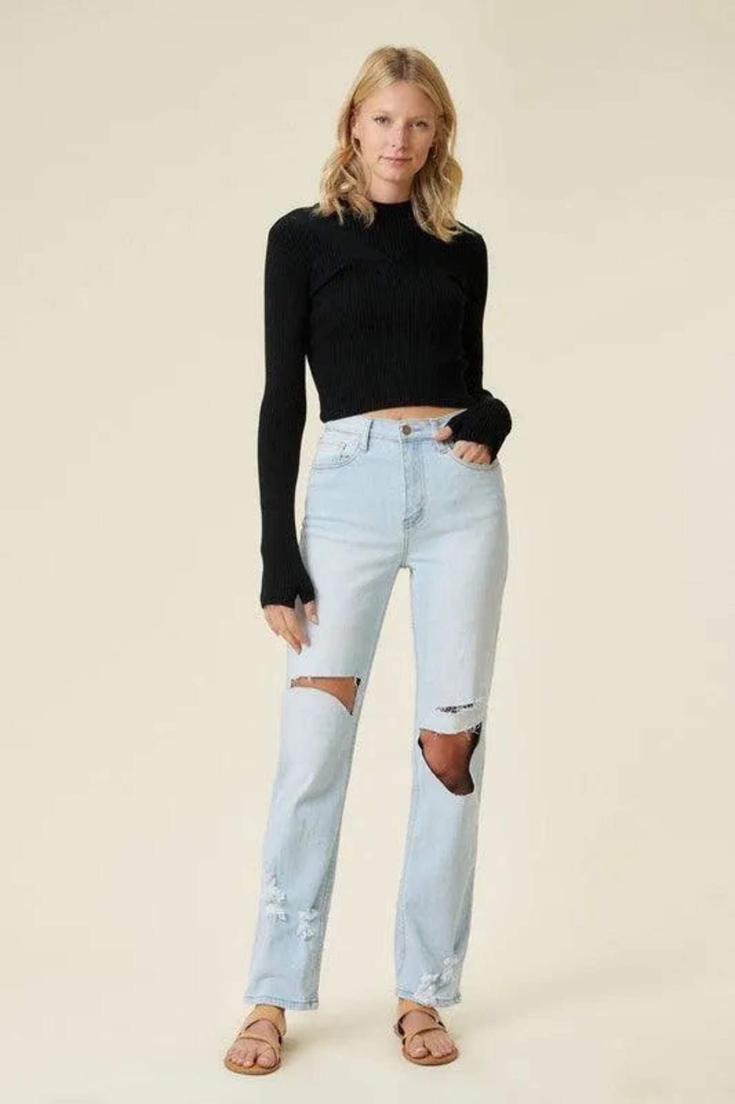 Distressed Wide Leg Light Stone Jeans - Walmart.com