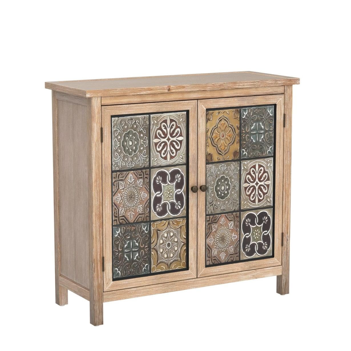 Distressed Wood Accent Cabinet with 2 Doors, Checkered Pattern Storage ...