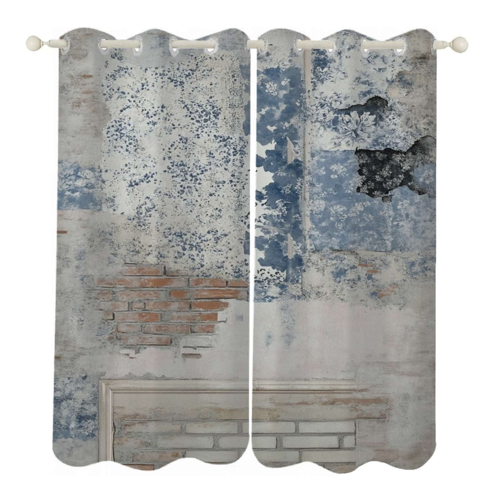 Distressed wall brick blue design Sunshade Curtains Home Bedroom Living ...