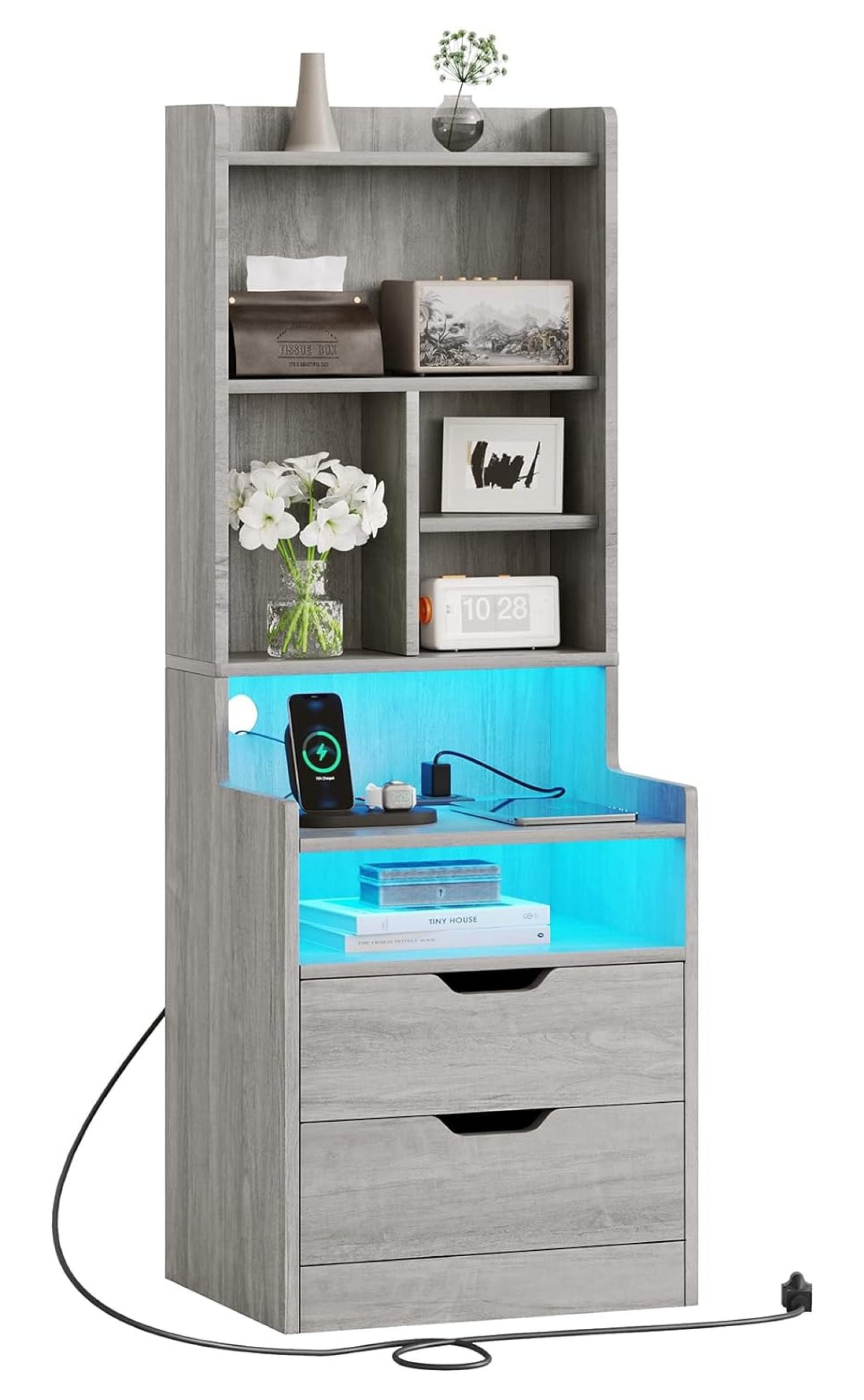 Ditangy Tall Night Stand with Charging Station and LED Lights ...
