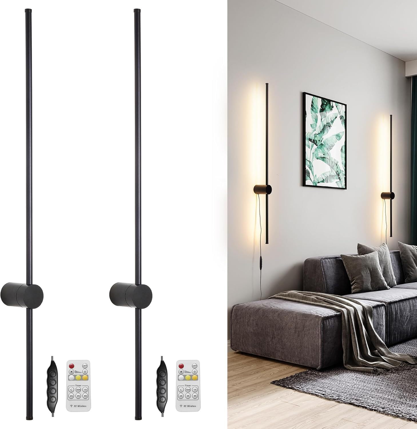 Ditoon RC Dimmable Modern Plug in Wall Sconce Set of Two LED Black Wall ...
