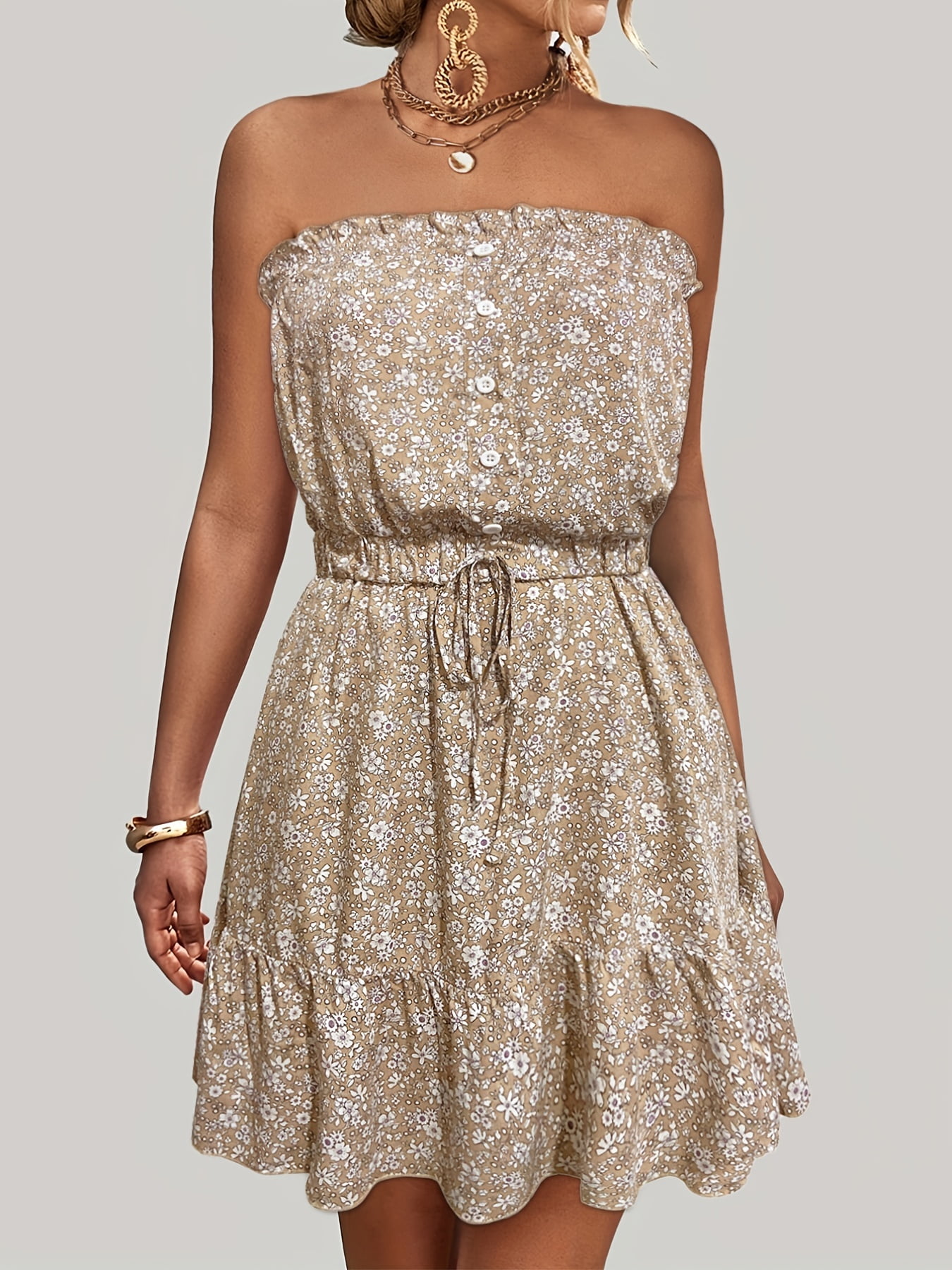 Ditsy Floral Off Shoulder Dress, Sexy Sleeveless Drawstring Summer ...